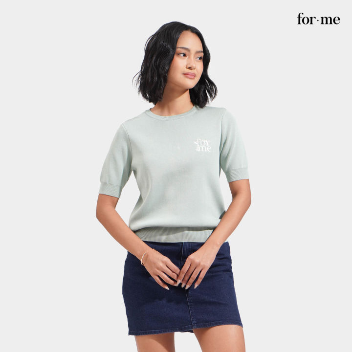 ForMe Embroidered Flat Knit Tee T-Shirt For Women (Sage Green) | Lazada PH