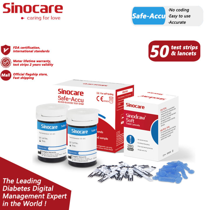 50PCS Sinocare Safe-Accu Blood Glucose Test Strips and 50 Pcs Lancets ...