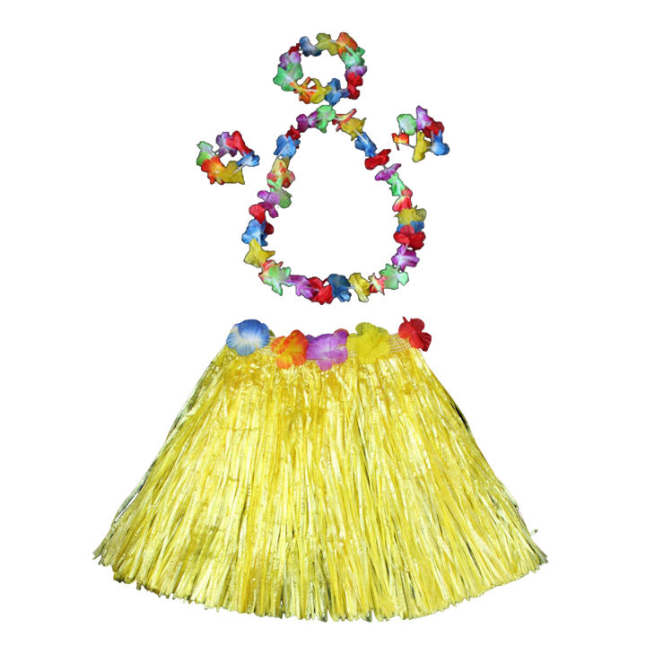 microgood Hawaiian Grass Hula Skirt Set Girl Necklace Garland Bracelet Hula Skirt Costume ...