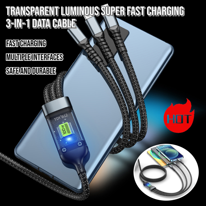 Transparent Luminous Super Fast Charging 3-in-1 Data Cable 100w USB ...