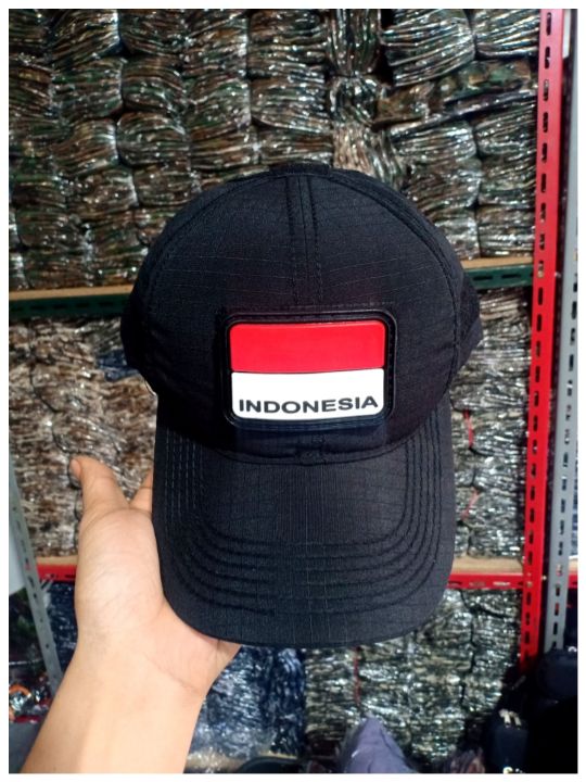 Topi hitam | topi velcro hitam free patch rubber bendera indonesia ...
