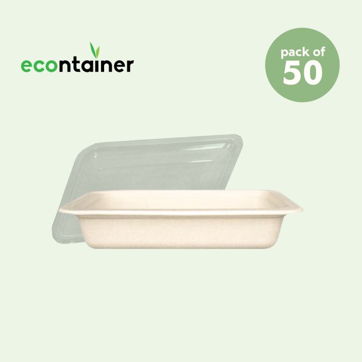 Econtainer F501 500ml (with Lid) Sugarcane Bagasse Rectangular Tray Compostable and Eco-friendly ...
