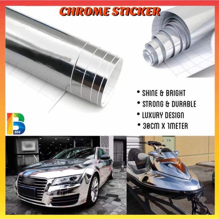 SILVER CHROME STICKER Chrome Mirror Vinyl Wrap Film Car Kereta Cermin ...