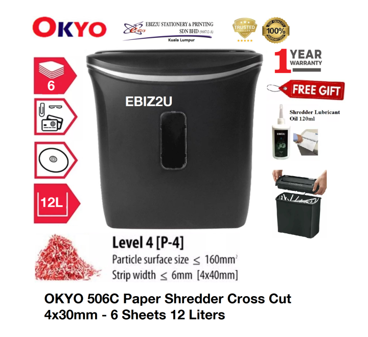 OKYO 506C Paper Shredder Cross Cut 4x30mm - 6 Sheets 12 Liters (Cross ...