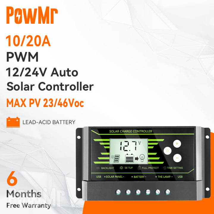 PowMr 10A 20A PWM Solar Charge Controller 12V 24V Auto Battery Charger Solar Panel Regulator ...