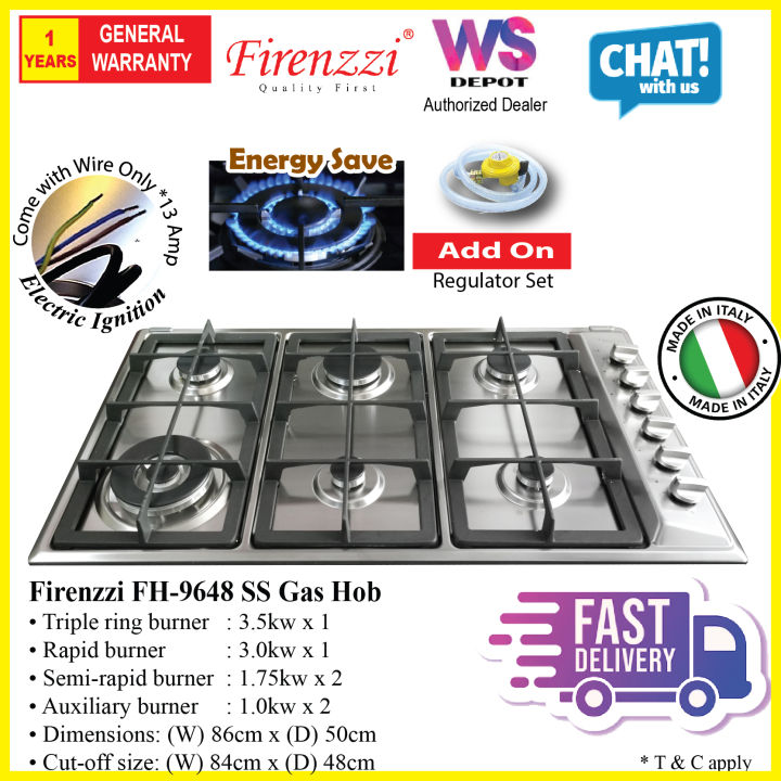 FIRENZZI FH-9648 6 Sabaf Burner Built-In GAS HOB Stainless Steel FH9648 ...
