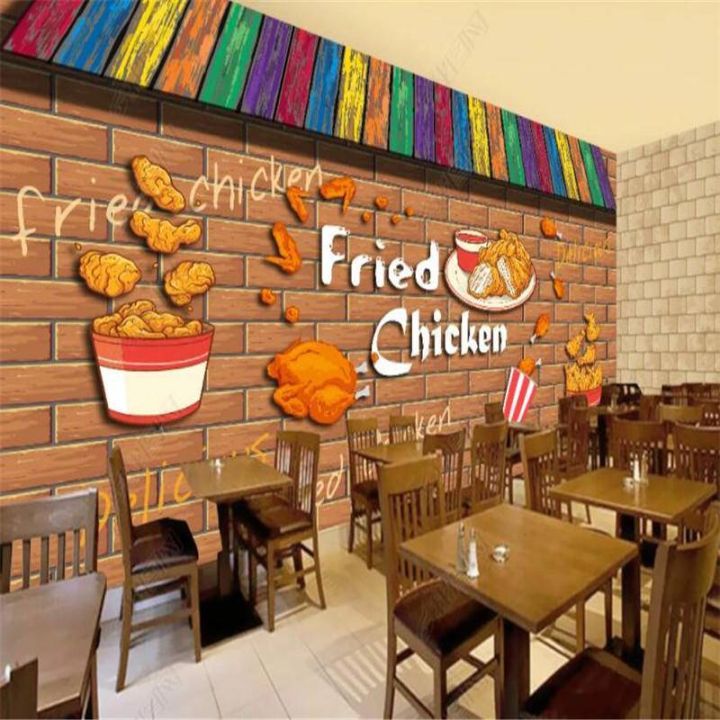 Custom 3D Brick Fried Chicken Snack Bar Wall Paper Fast Food Restaurant ...