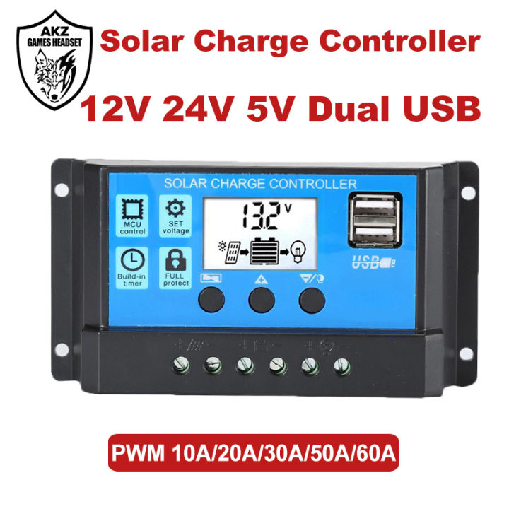 AKZ Solar Charger Controller 60A/50A/40A/30A/20A/10A PWM 12V/24V Solar Panel Regulator Charge ...