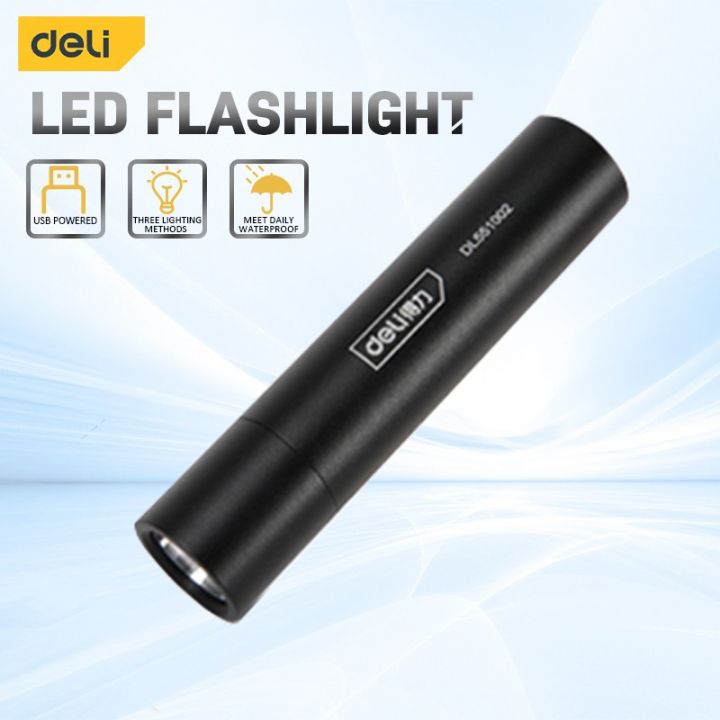 Deli LED Flashlight 3 Lighting Mode USB Rechargable Rechargeable Torch ...