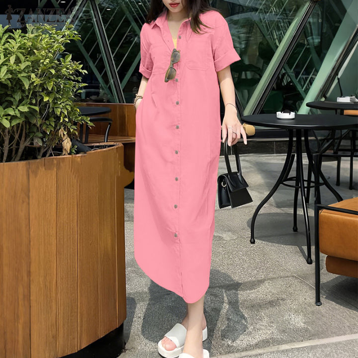 ZANZEA Korean Style Women Fashion Raglan Sleeve Plain Shirtdress Turn ...