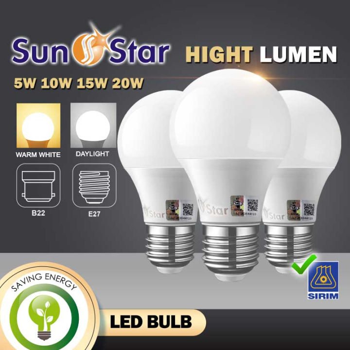 SIRIM SunStar LED Bulb E27 B22 5W 10W 15W 20W Energy Saving Super Bright Light Bulb Lampu Mentol ...