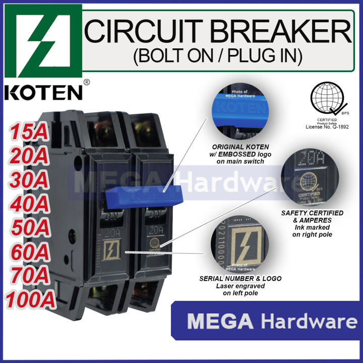 KOTEN CIRCUIT BREAKER (PLUG IN or BOLT ON) 15A 20A 30A 40A 50A 60A 70A ...