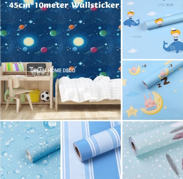 45cm x 10meter Blue Cartoon Wallpaper Kertas Dinding Kartun Comel Self ...