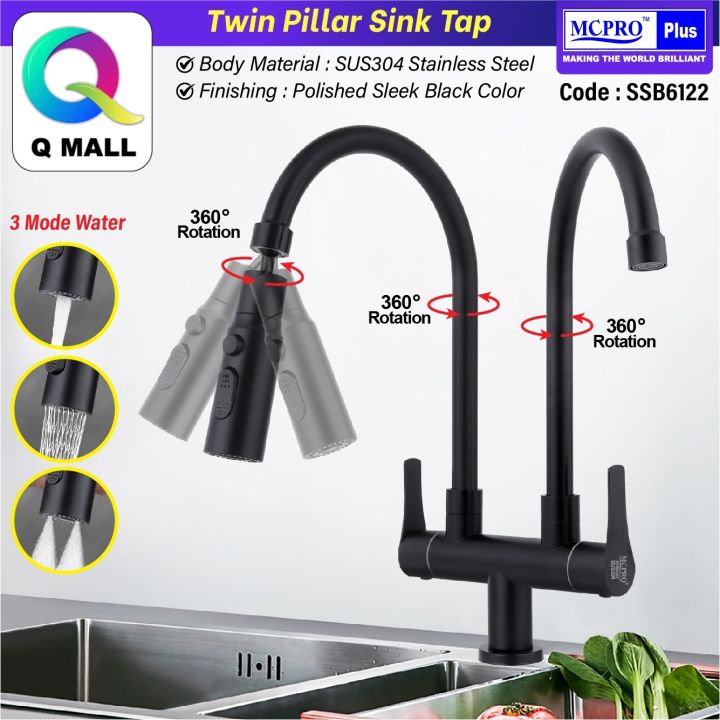 MCPRO SUS304 Stainless Steel Kitchen Faucet BLACK Twin Pillar Sink Tap ...