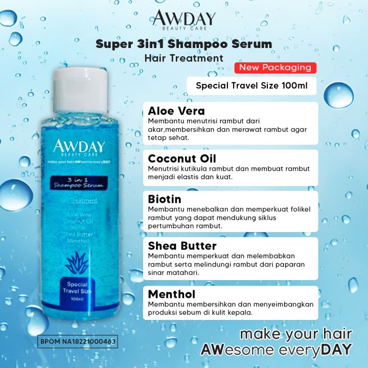 Awday 3in1 shampoo serum TRAVEL SIZE 100ml murah bpom / shampo awday ...