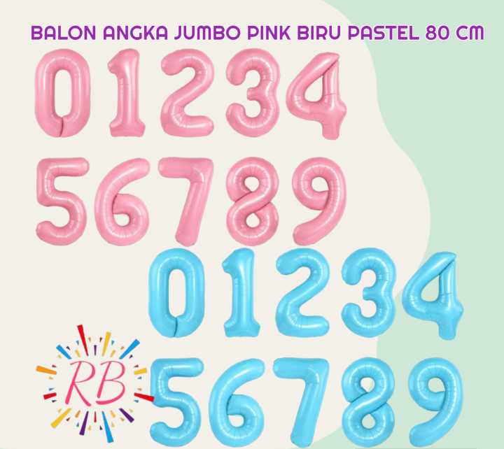 Balon Angka Pink Pastel Jumbo 80 cm / Balon Angka Biru Pastel Jumbo 80 ...