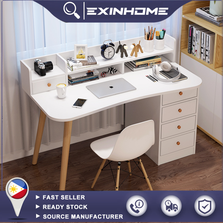 EXINHOME 100/120CM Study Table With Drawers Computer Desk Home Living Room Office Desk Writing ...
