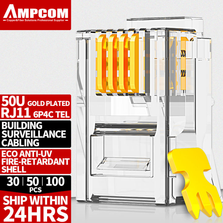 AMPCOM RJ11 Plug 6P4C 6P2C Phone Modular Telephone Cord Connector ...