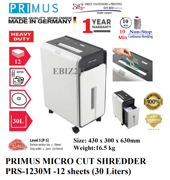 PRIMUS MICRO CUT SHREDDER PRS-1230M -12 sheets (30 Liters) Micro Cut ...