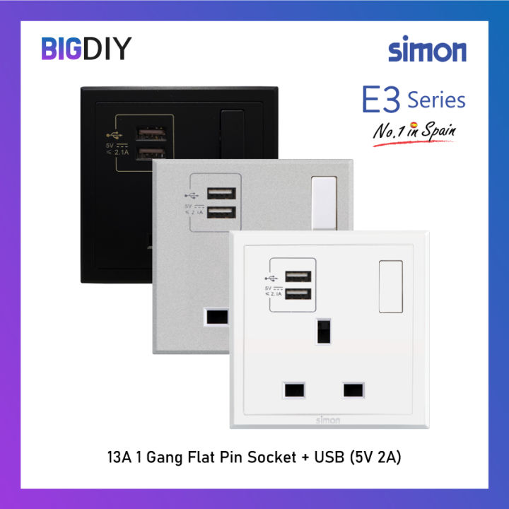 Simon E3 (SIRIM) 13A Socket + USB Charging outlet (5V 2A) Universal ...