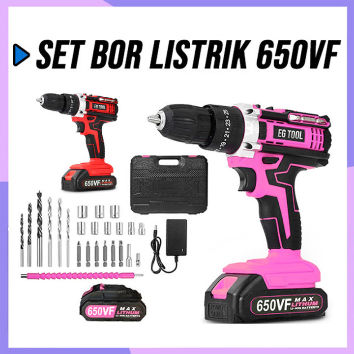 Bor Tangan Listrik Tanpa Kabel Set Komplit - 650V Mesin Bor Reversible ...