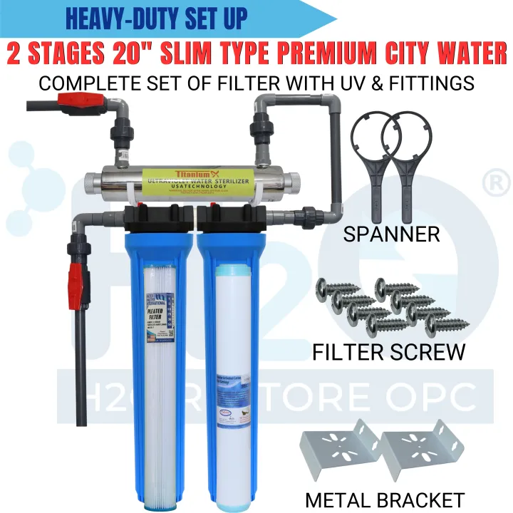 2 Stages 20" Slim Type Centralized Water Filtration System + 2 GPM UV ...