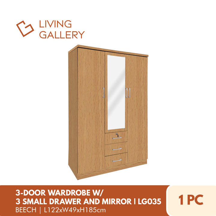 Living Gallery 3-Door Wardrobe w/ 3 Small Drawer & Mirror | L122xW49xH185cm | Versatile Design ...