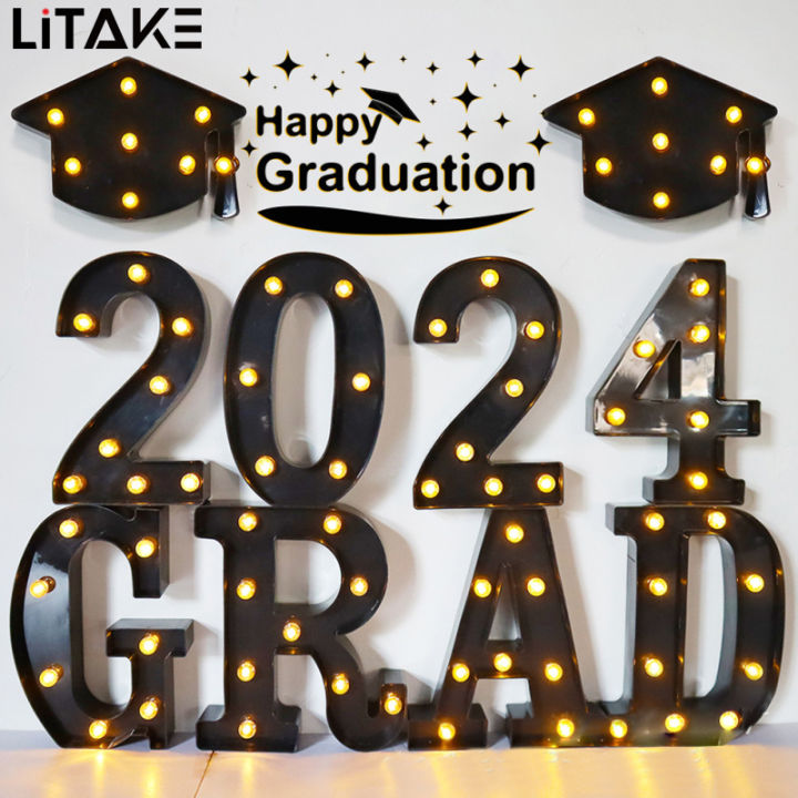 8 LED Light Up Letters 'GRAD 2024' With Bachelor Cap Graduation ...