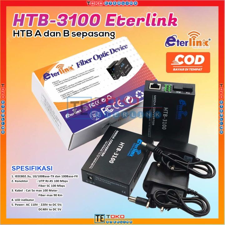 Sepasang HTB-3100 Fiber Optic Media Konverter Single Mode dengan 5V 2A EU Adaptor Merek eterlink ...