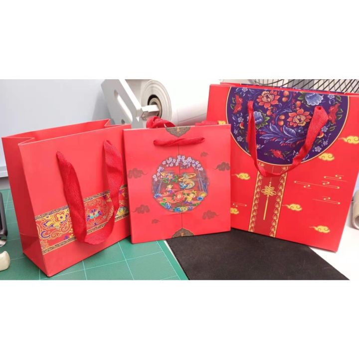 Chinese New Year Paper Bag CNY Gift Bag Red Colour Handle Packaging Bag ...