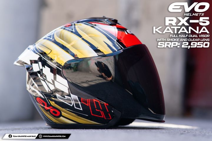 EVO RX-5 KATANA GOLD RED SMOKE LENS HALF FACE DUAL VISOR HELMET WITH ...
