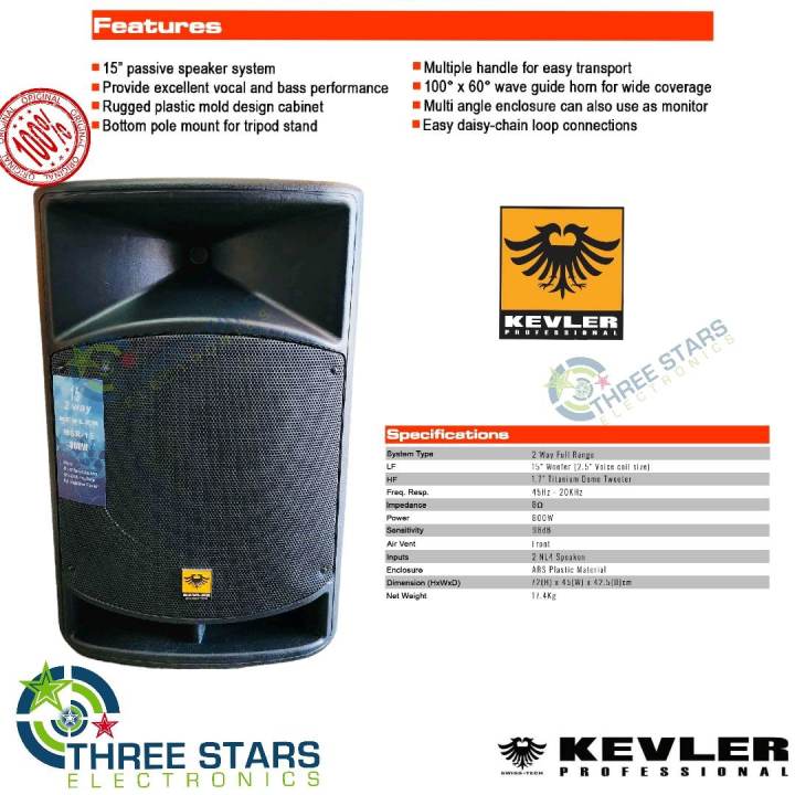 Original Kevler Professional MSR-15 2-Way 800W Base Reflex Speaker 15 inch Plastic Molded ...