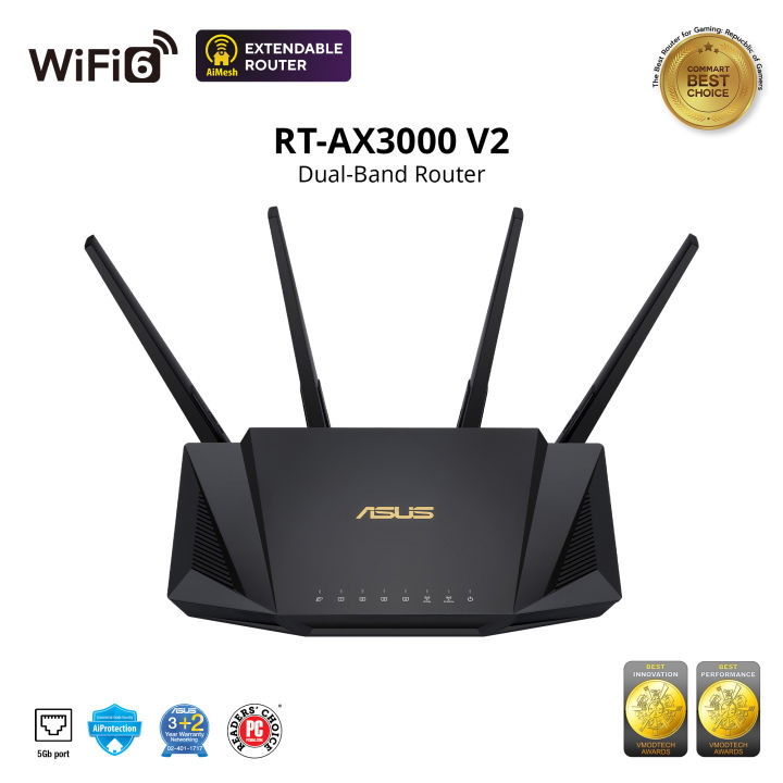 ASUS RT-AX3000 V2 Dual Band WiFi 6 Extendable Router, Subscription-free ...