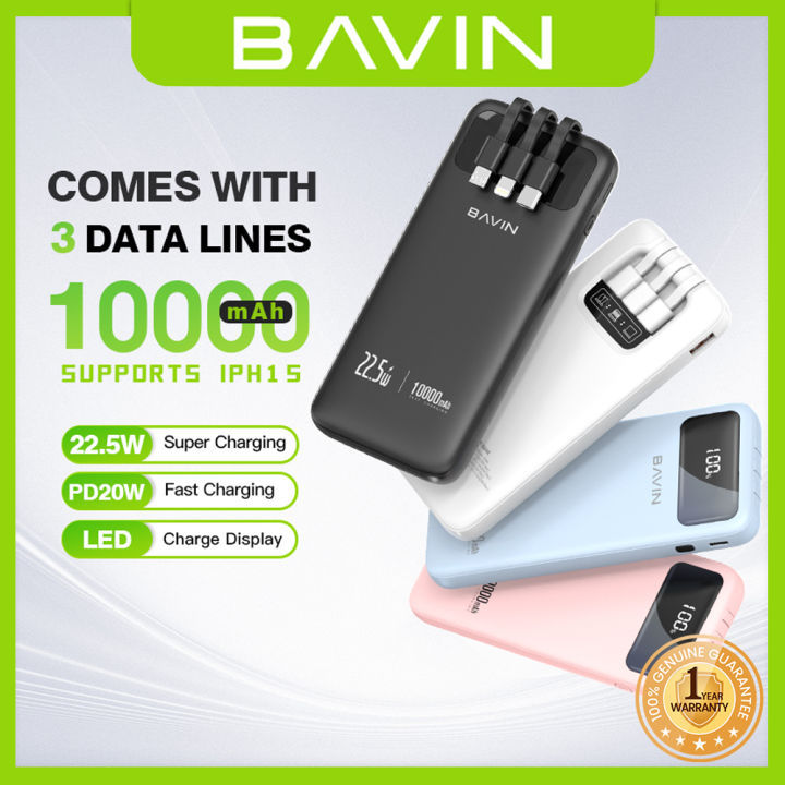 BAVIN PC1072s Powerbank 22.5W 10000mAh Fast Charging W/ LED Display and Built-In 3 Charging ...