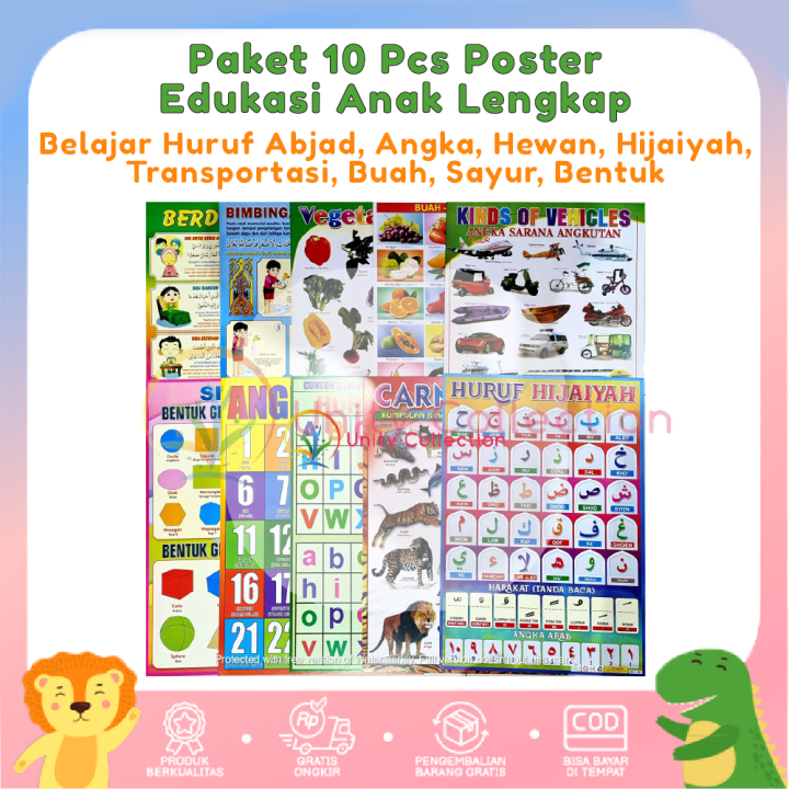 Paket 10 Poster Edukasi Anak Belajar Huruf Abjad Angka Hewan Hijaiyah ...