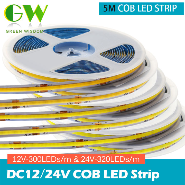 12V 24V 5M COB LED Light Strip ความสว่างสูง320LED /M ไฟ LED Strip แบบยืดหยุ่น3000K 4000K 6000K ...