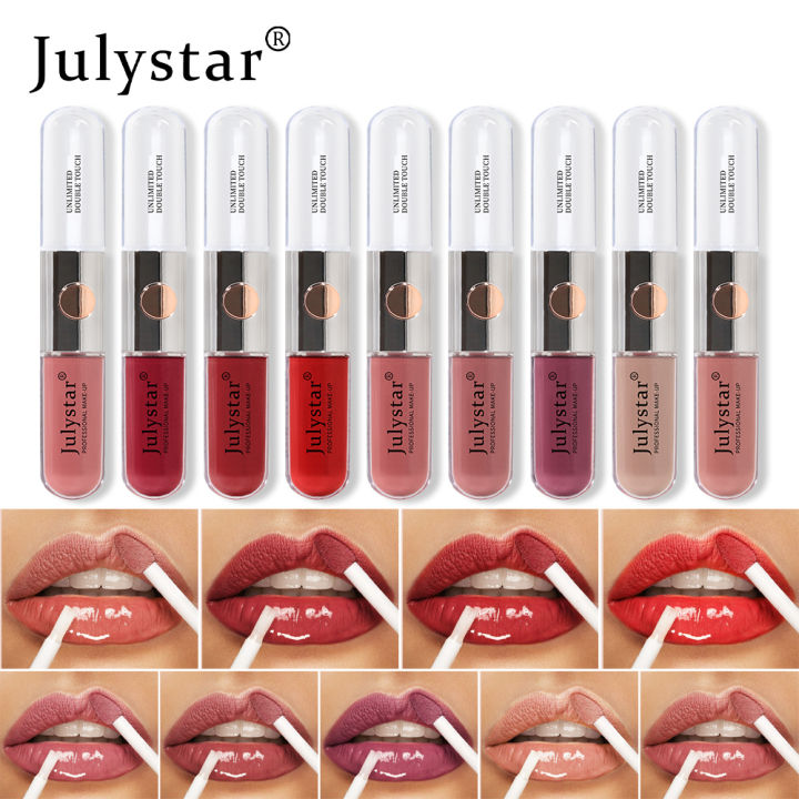 JULYSTAR สองหัวกระจกด้านลิปเคลือบริมฝีปากไม่ติดถ้วยกันน้ำความชุ่มขื้นคงทนอยู่นานแต่งหน้าลิปสติก ...