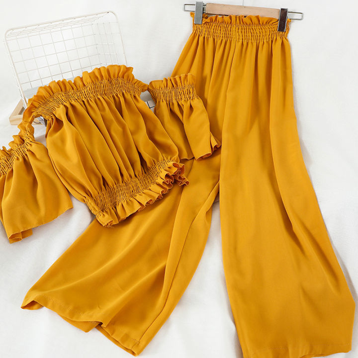 Summer Two Piece Set Women Fashion Solid Off Shoulder Short Sleeve 2021 Ropa Mujer Korean