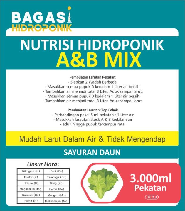 Nutrisi AB Mix Sayuran Daun 3 Liter 300 Liter Bagasi Hidroponik ...