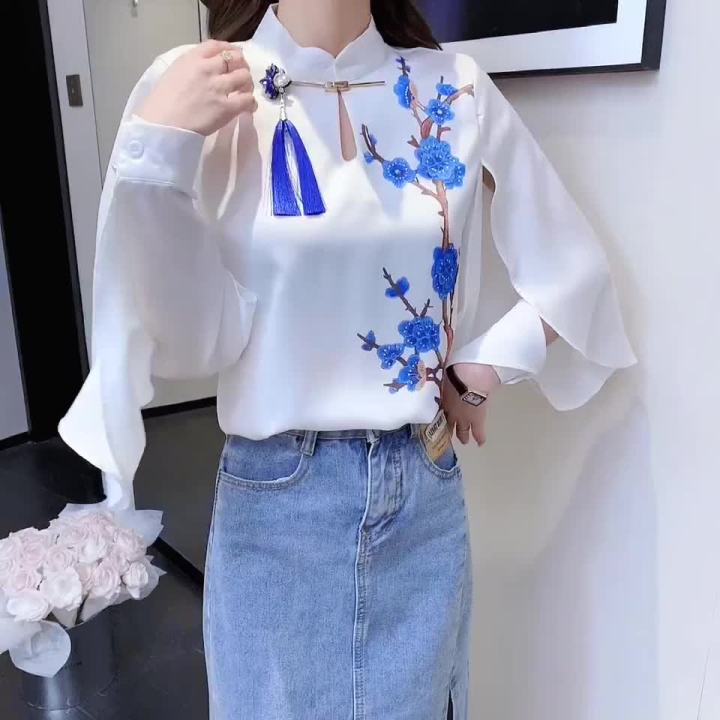 FE2023 เสื้อเชิ้ตดีไซน์สไตล์ฝรั่งเศสฤดูร้อนเสื้อชีฟองพิมพ์ลายวินเทจแขนบินชุดผู้หญิงแบบใหม่แมท ...