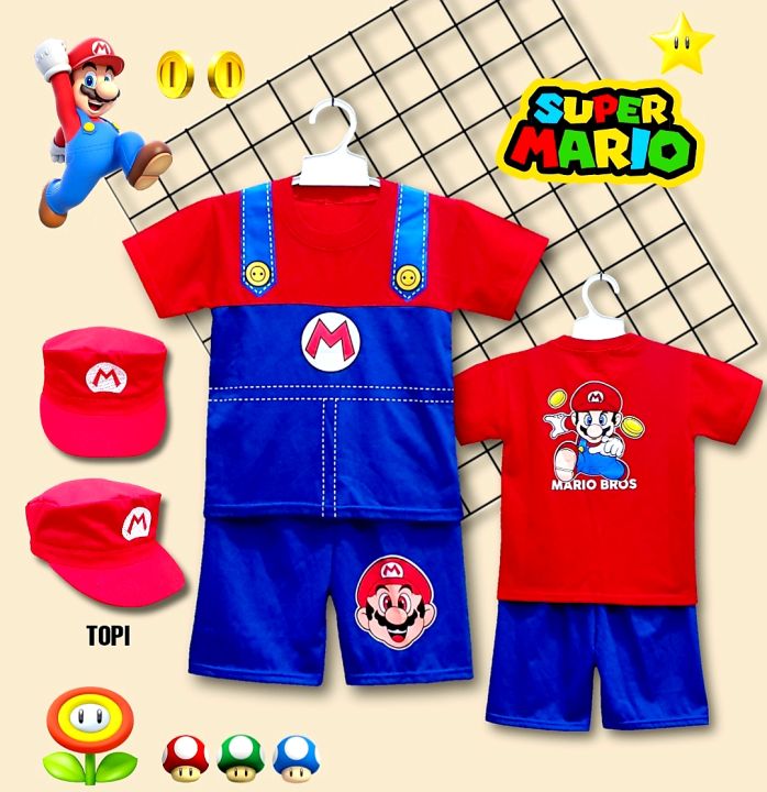 SETELAN BAJU MOTIF SUPER MARIO BROS 1 SET TOPI / BAJU MARIO BROS ANAK ...