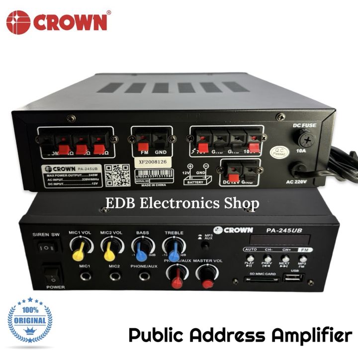 Crown PA-245UB 245watts Public Address Amplifier USB/SD/BT/FM AC-DC Amplifier PA245UB PA ...