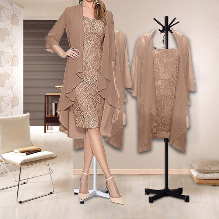 【Miss Lan】Two-Piece Lace Chiffon Folds Knee Length Dress Chiffon Gown ...