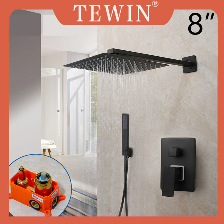 TEWIN Black Rainfall Shower Mixer Wall Mounted Shower Faucets Concealed ...