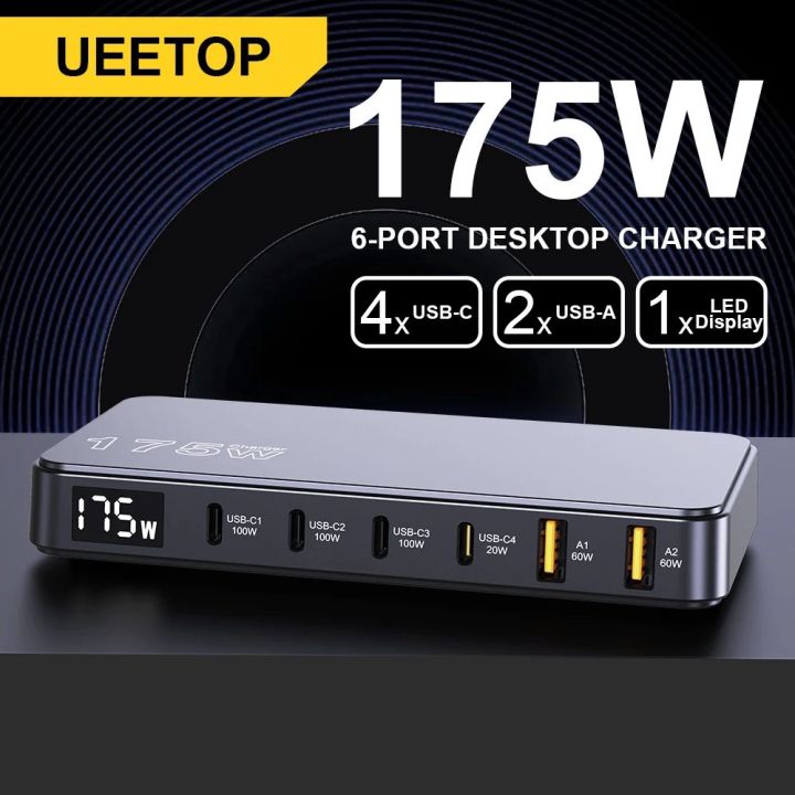 Ueetop 175W GaN USB C Charger LED Display 6-Port Desktop Charger Type C ...