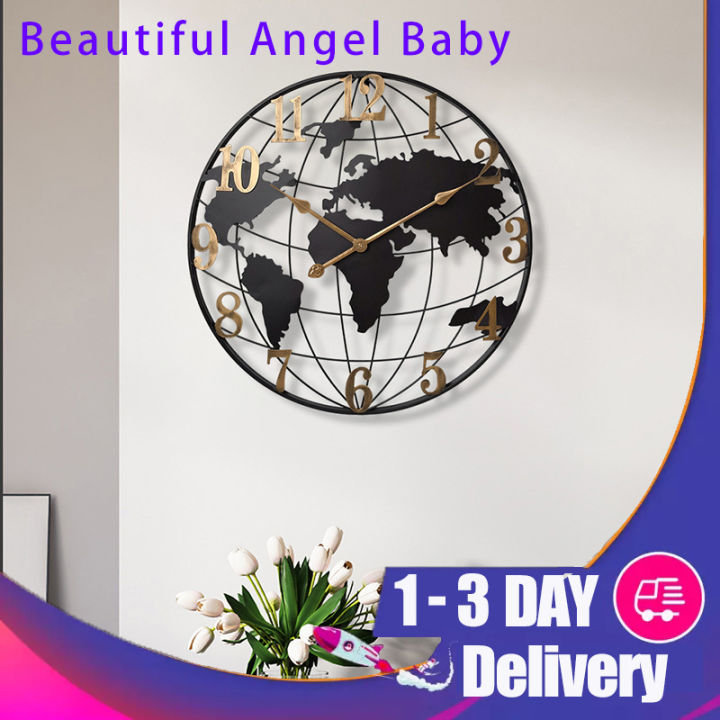 60cm Fashion Creative World Map Decorative Clock Iron 3D Map Clock ...