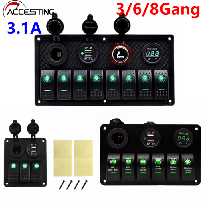 3/6/8 Gang 12V Green LED Rocker Switch Panel Marine Waterproof Switch ...