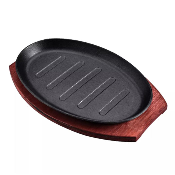 KCL.SIZZLING PLATE CAST IRON OVAL & ROUND Shape WITH WOODEN BASE ...