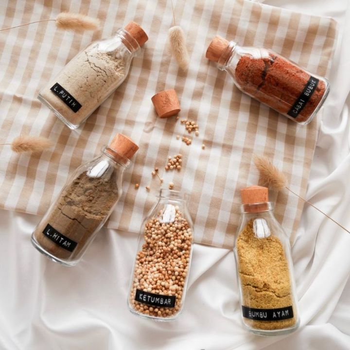 (1 PAKET) BOTOL KACA TUTUP KAYU 100ML 250ML / BOTOL BUMBU REMPAH ...