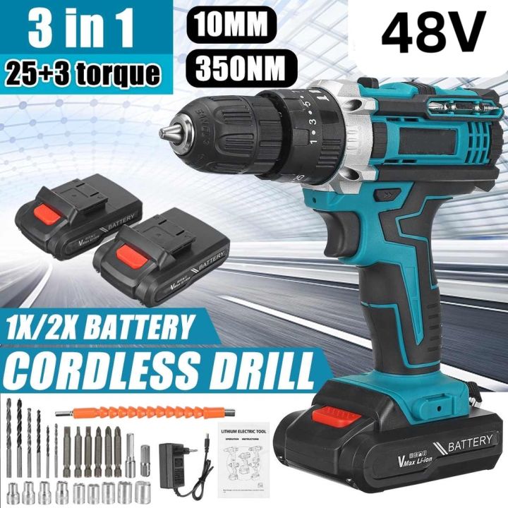 24V 48V Cordless Drill 2x Battery Impact Electric Drill & Screwdriver ...